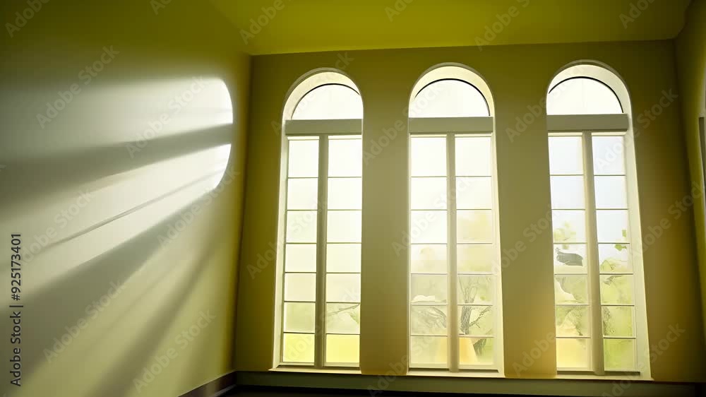 Video of sunlight streaming through large, arched windows in bright ...