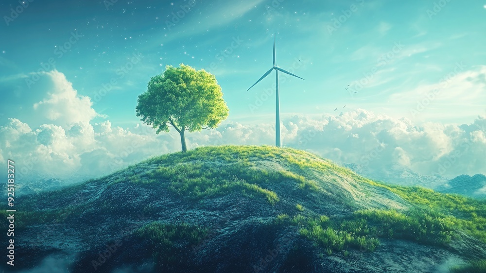 Fantasy art of a wind turbine at the center of the Earth, showcasing ...