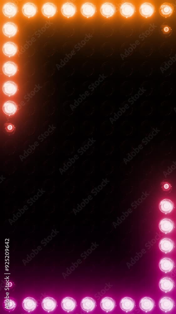 Vertical marquee light board sign retro on black background. Bright golden light bulbs for ...