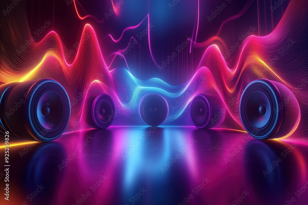 Stylized sound waves with vibrant colors and speakers creating an ...