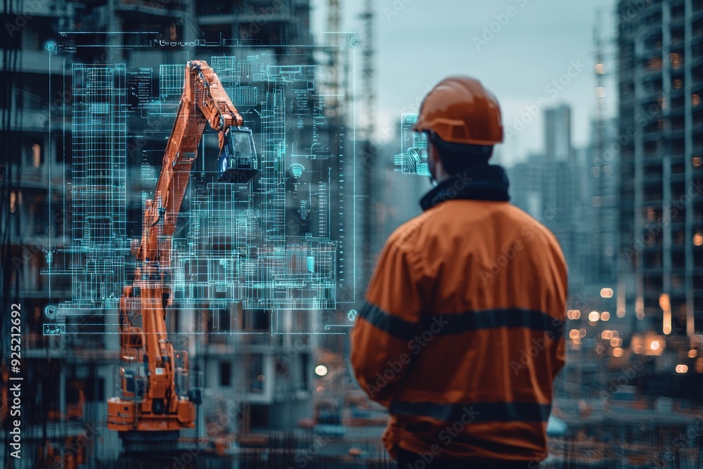 A futuristic construction site where a human architect and an AI ...