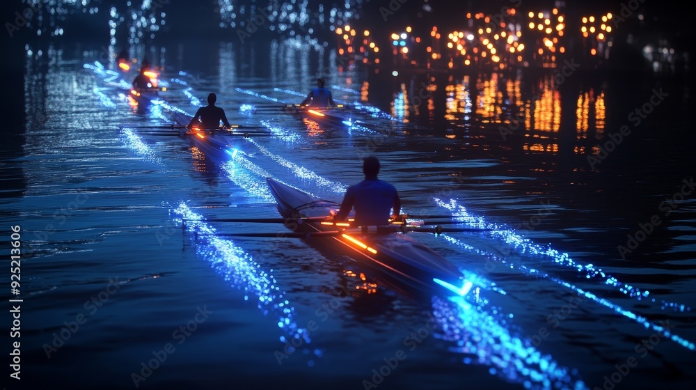 Futuristic Rowing Team Challenge with Neon-Lit Boats and Interactive ...