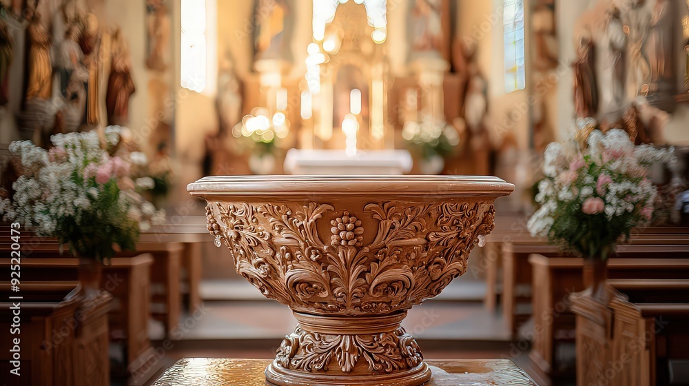 ornate baptismal font located in the church, filled with holy water and ...