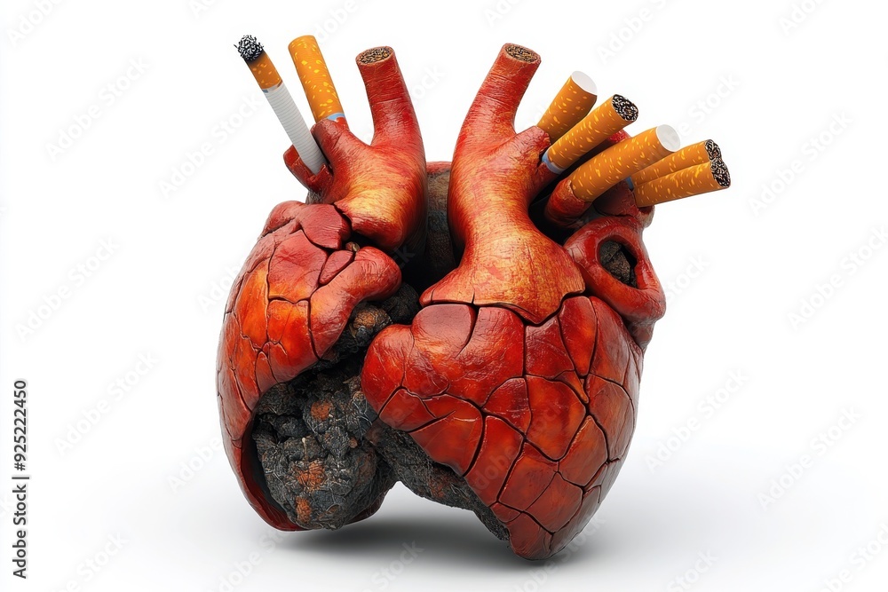 Rotten human aortic valve with cigarettes sticking out, placed against ...