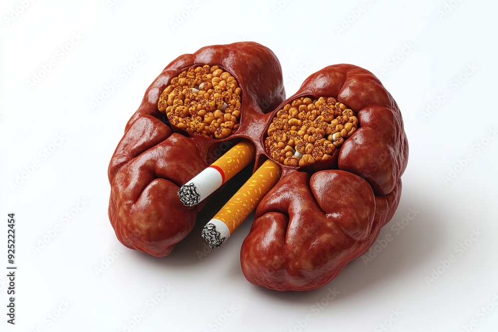 Rotten human adrenal glands with cigarettes sticking out, placed ...