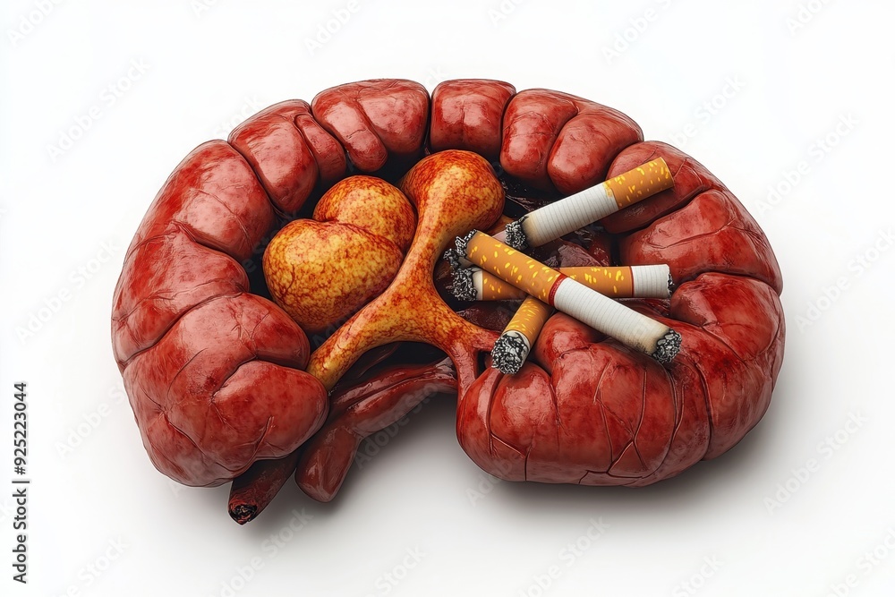 Rotten human gallbladder with cigarettes sticking out, placed against a ...