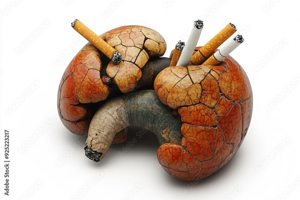 Rotten human hepatic vein with cigarettes sticking out, placed against ...
