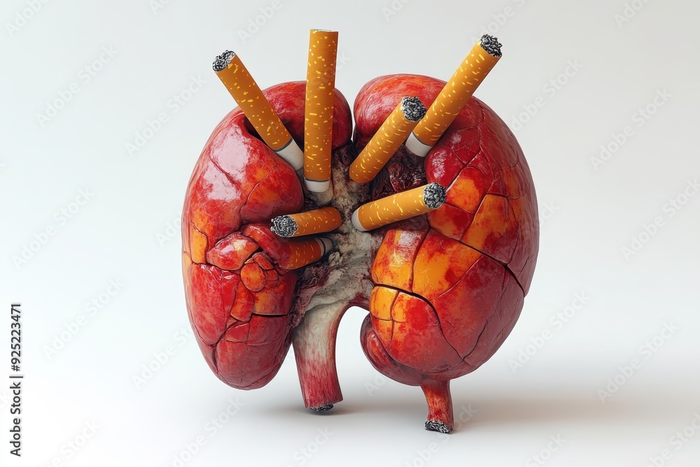 Rotten human kidney with cigarettes sticking out, placed against a pure ...