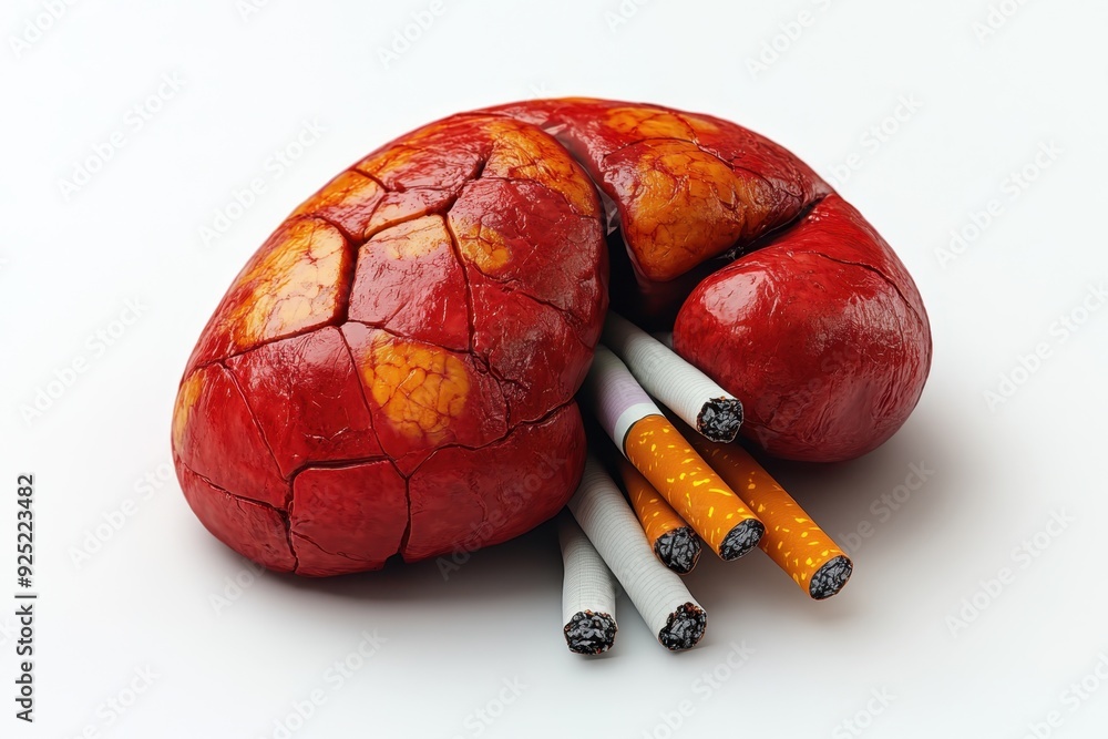 Rotten human liver with cigarettes sticking out, placed against a pure ...