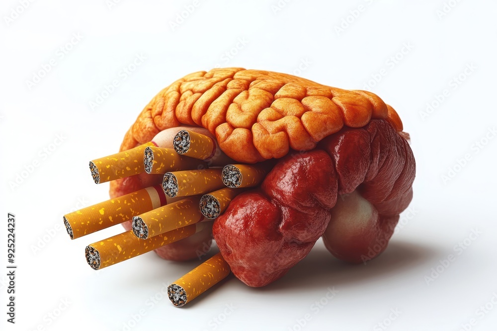 Rotten human pancreas with cigarettes sticking out, placed against a ...