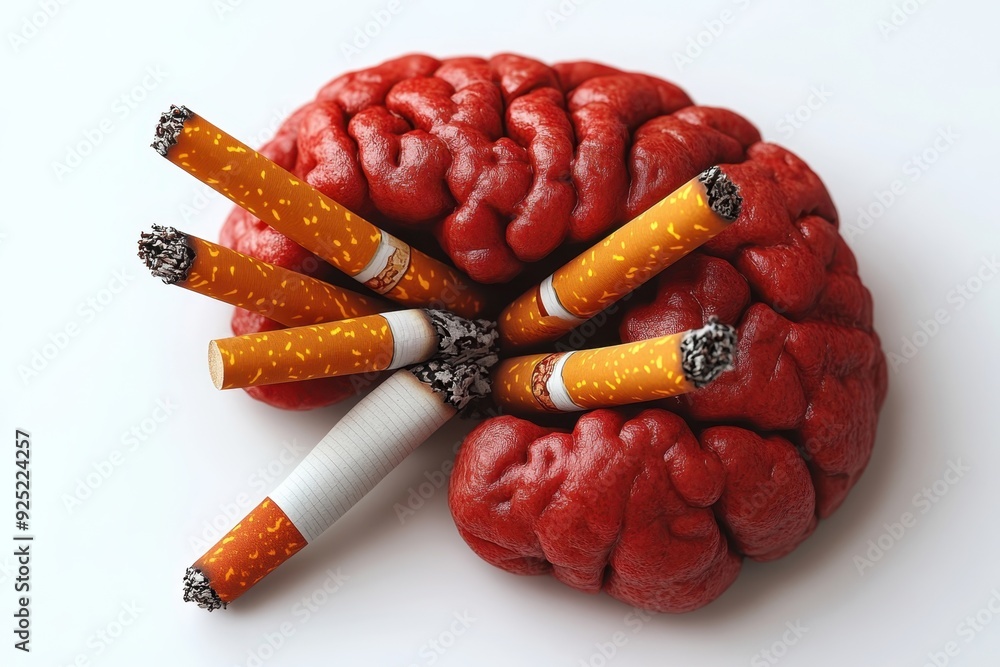 Rotten human pituitary gland with cigarettes sticking out, placed ...