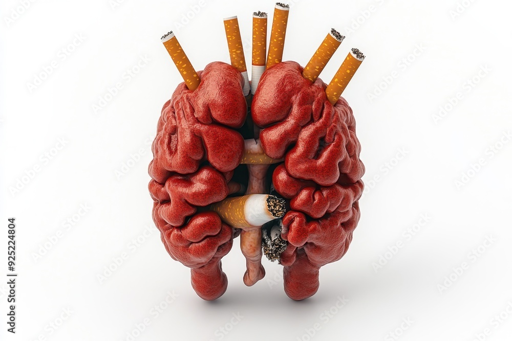 Rotten human appendix with cigarettes sticking out, placed against a ...