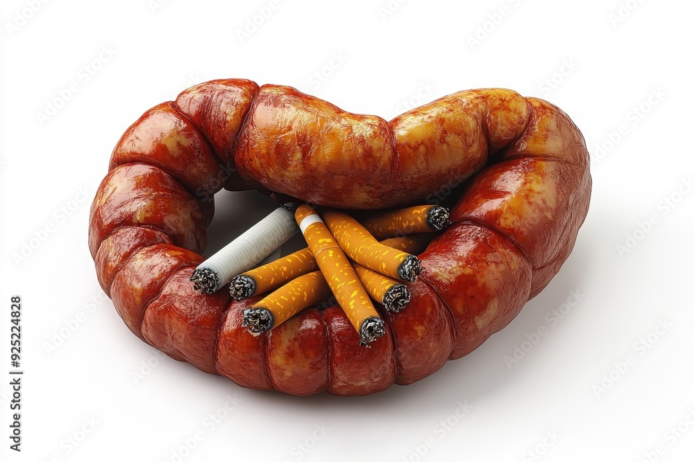 Rotten human stomach with cigarettes sticking out, placed against a ...