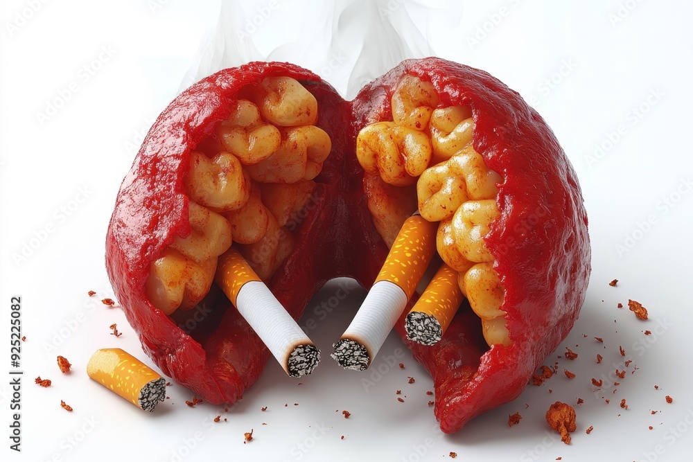 Rotten human tonsils with cigarettes sticking out, placed against a ...