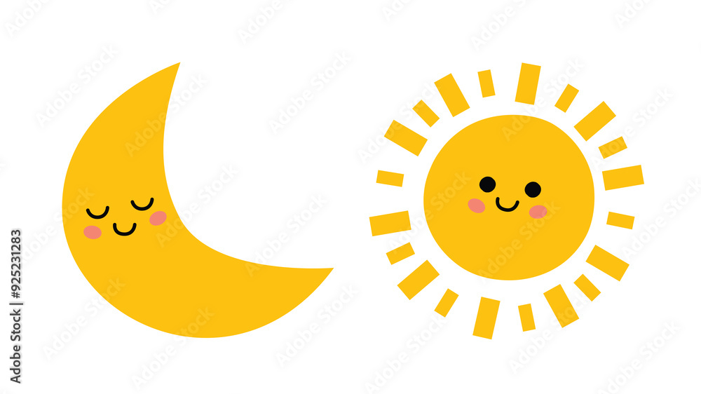 Cute smiling sun and sleeping moon, simple flat illustration, icons ...