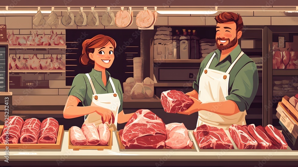 Meat counter in a butcher shop, with a smiling female and male butchers ...