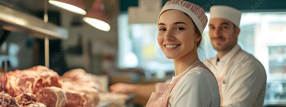 Meat counter in a butcher shop, with a smiling female and male butchers ...