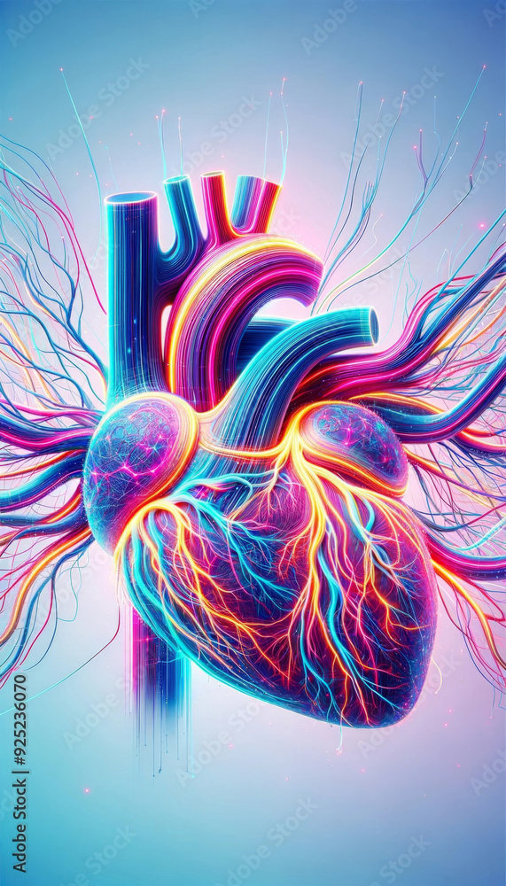 A vibrant digital illustration of a human heart with neon veins and ...