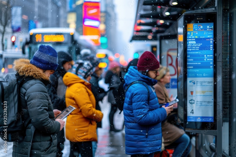 At a snowy bus stop, a group of people, dressed for winter, engage with ...