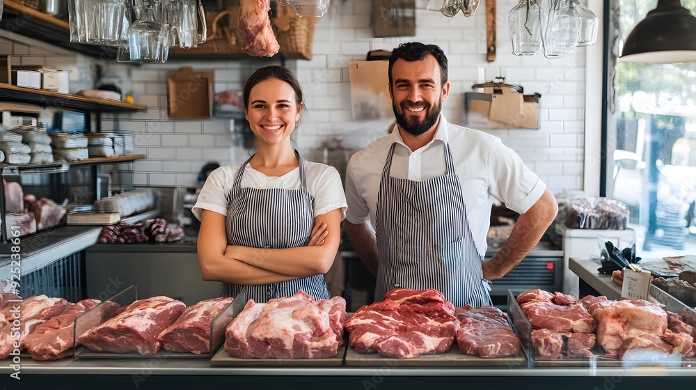 Meat counter in a butcher shop, with a smiling female and male butchers ...
