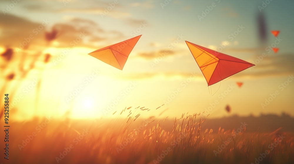 Two kites flying in a field at sunset. The sky is a vibrant orange and ...