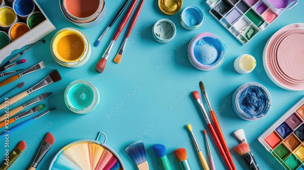 Colorful art supplies arranged neatly on a vibrant blue background ...