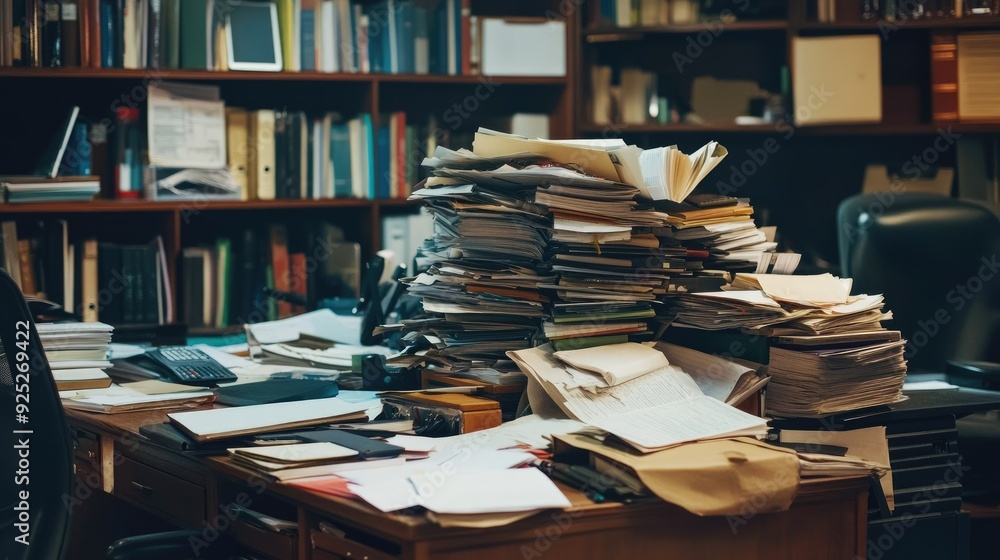 A messy office desk piled high with documents and files, spilling over ...