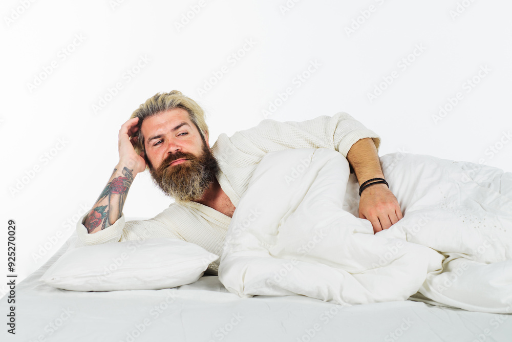 Morning and wake up. Bearded man in bathrobe sleeping in bed. Morning ...