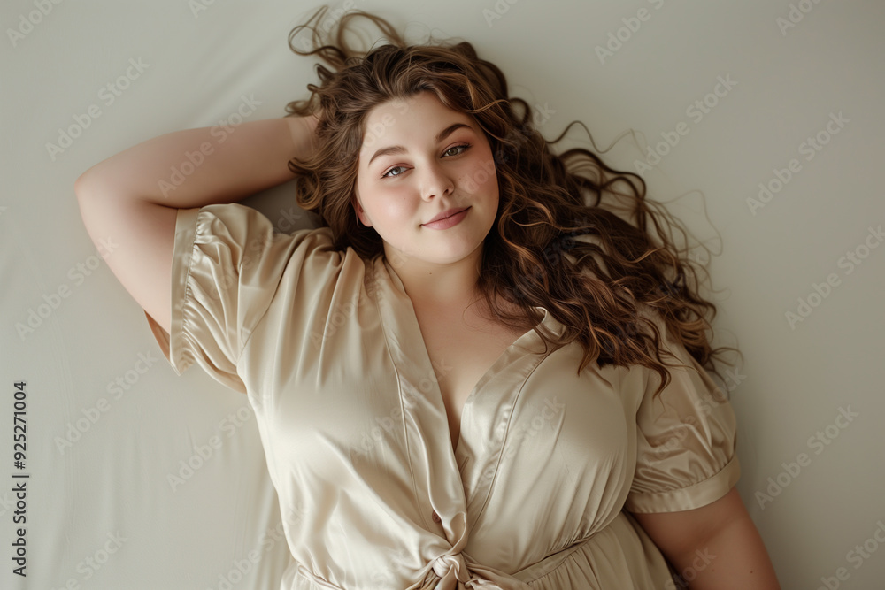 Curvy woman in beige nightgown, lying sensually in studio. Concept ...