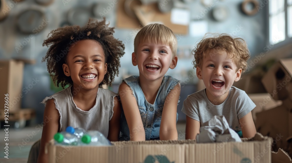 Children participating in a school recycling program, expressions of ...
