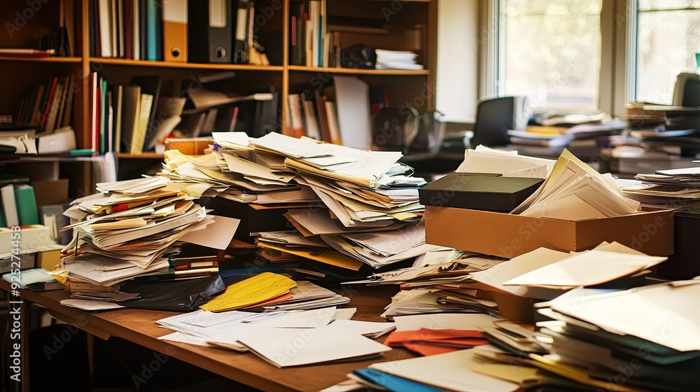An office desk overloaded with documents and files, spilling off the ...