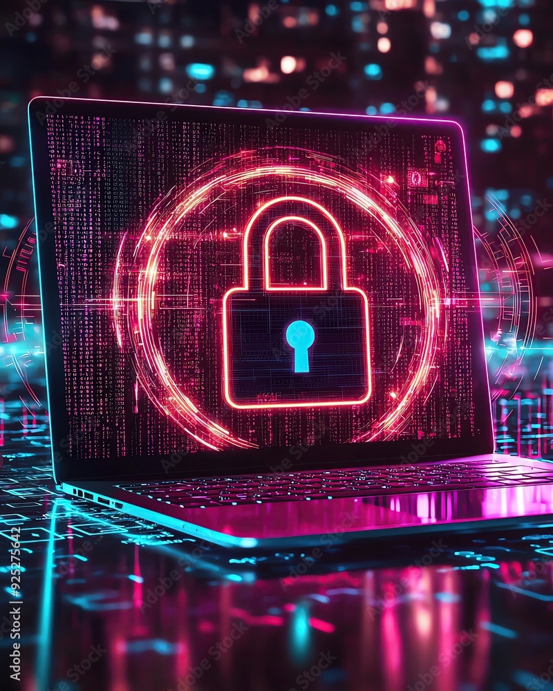 Digital security concept featuring a glowing padlock symbol on a laptop ...