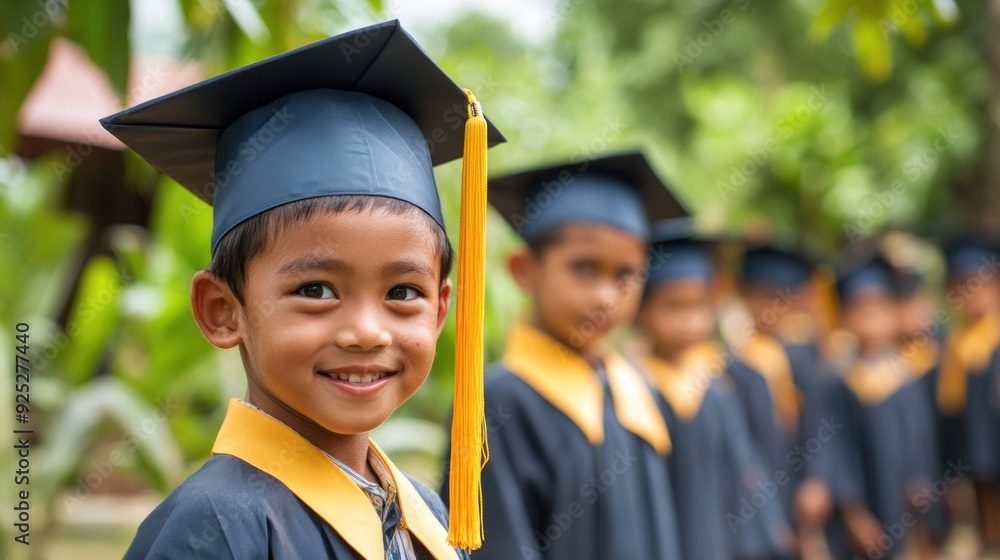 Young Boy in Graduation Cap and Gown Smiling at Camera Stock Photo ...