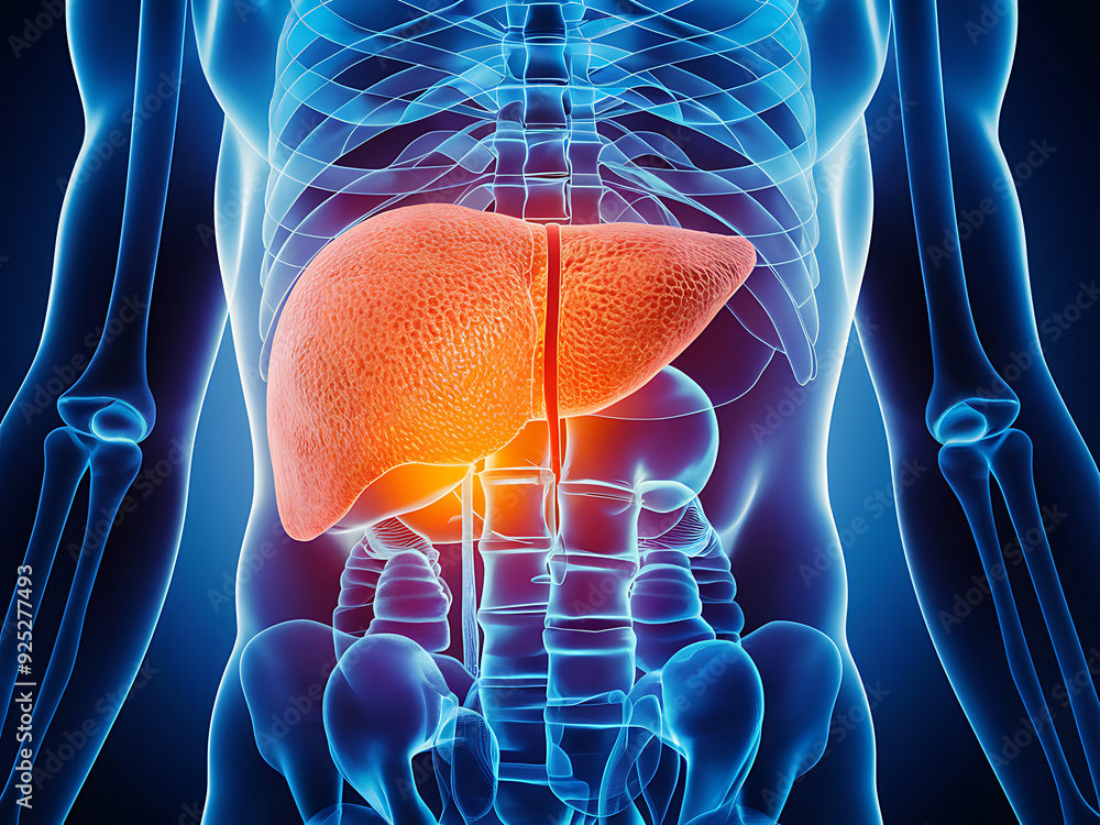 medical illustration of a human body with a focus on the liver ...