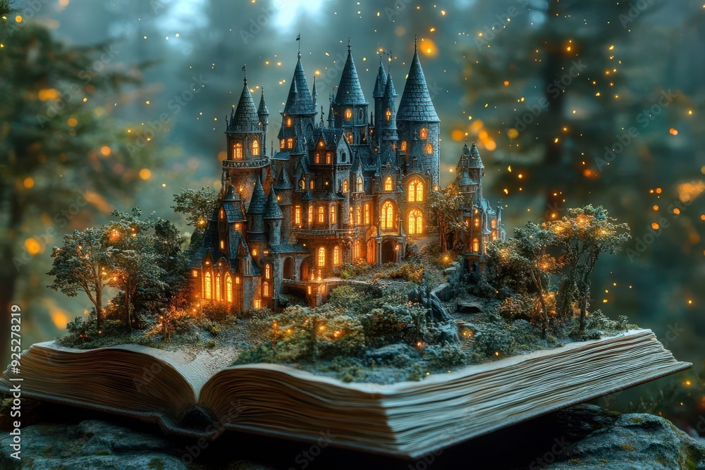 magical tome opens to reveal miniature fantasy world tiny castles ...