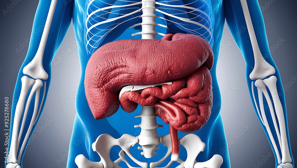 medical illustration of a human body with a focus on the liver ...