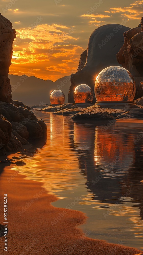 Tranquil martian landscape with futuristic geodesic domes reflecting ...
