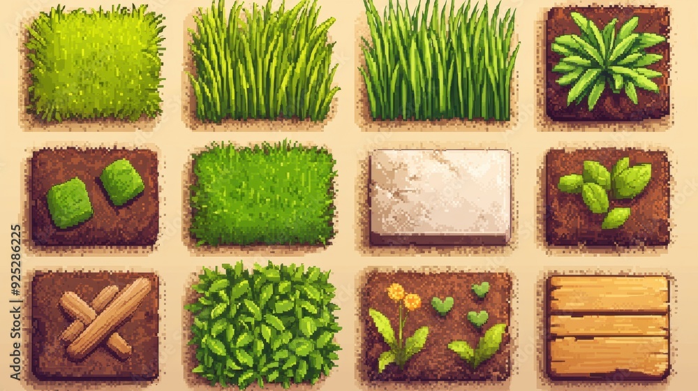 8-bit grass and dirt tiles for retro games featuring pixelated design ...