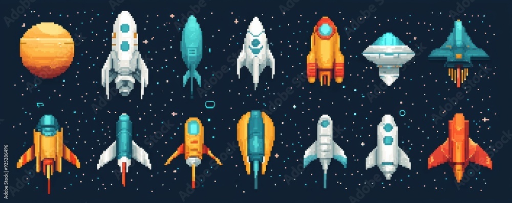 Colorful pixelated 8-bit spaceship sprites with a vibrant classic ...