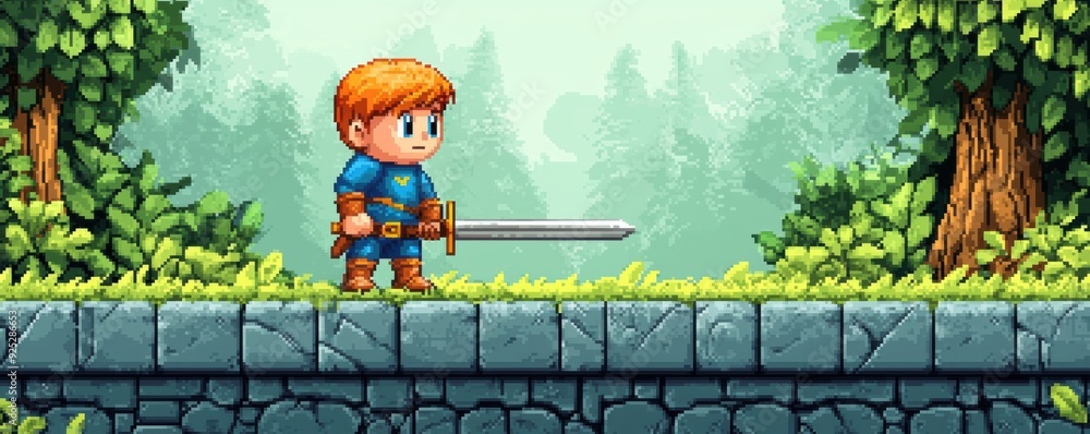 Nostalgic 8-bit pixel art character holding a sword in a low-resolution ...
