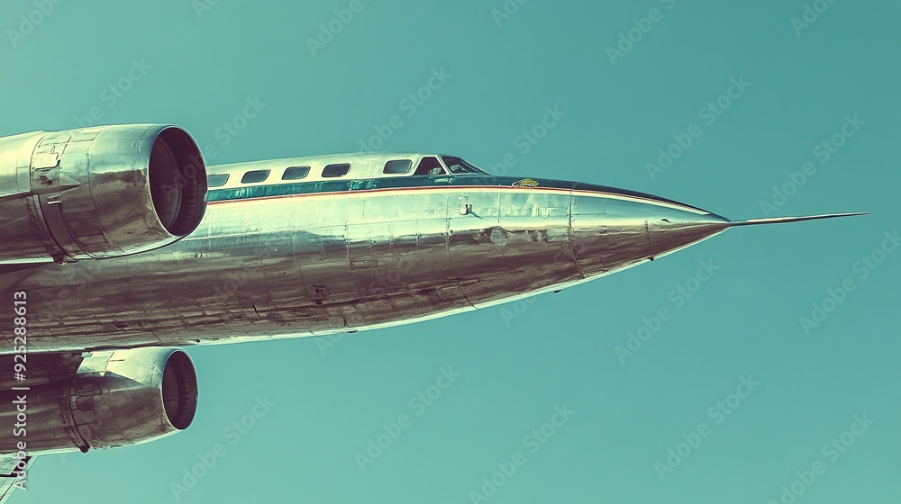 side view of a vintage jet, full jet body in frame, flying in a clear ...