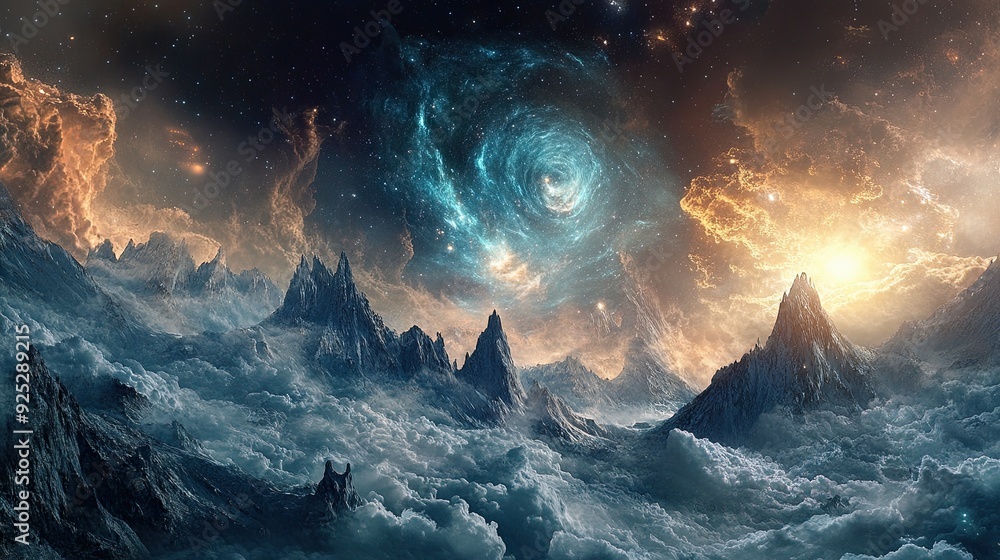 Surreal collage of starry sky and galactic landscapes merging cosmic ...