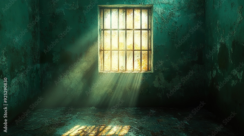 High contrast image of prison bars with sunlight streaming through the ...