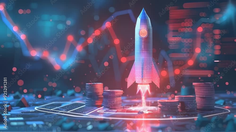 video of Digital rocket, coins, and graph chart. Abstract growing ...