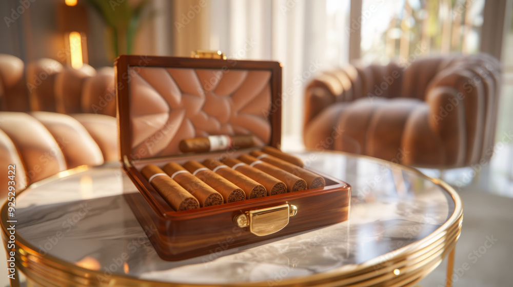 Elegant open wooden cigar box placed on intricate marble table in ...