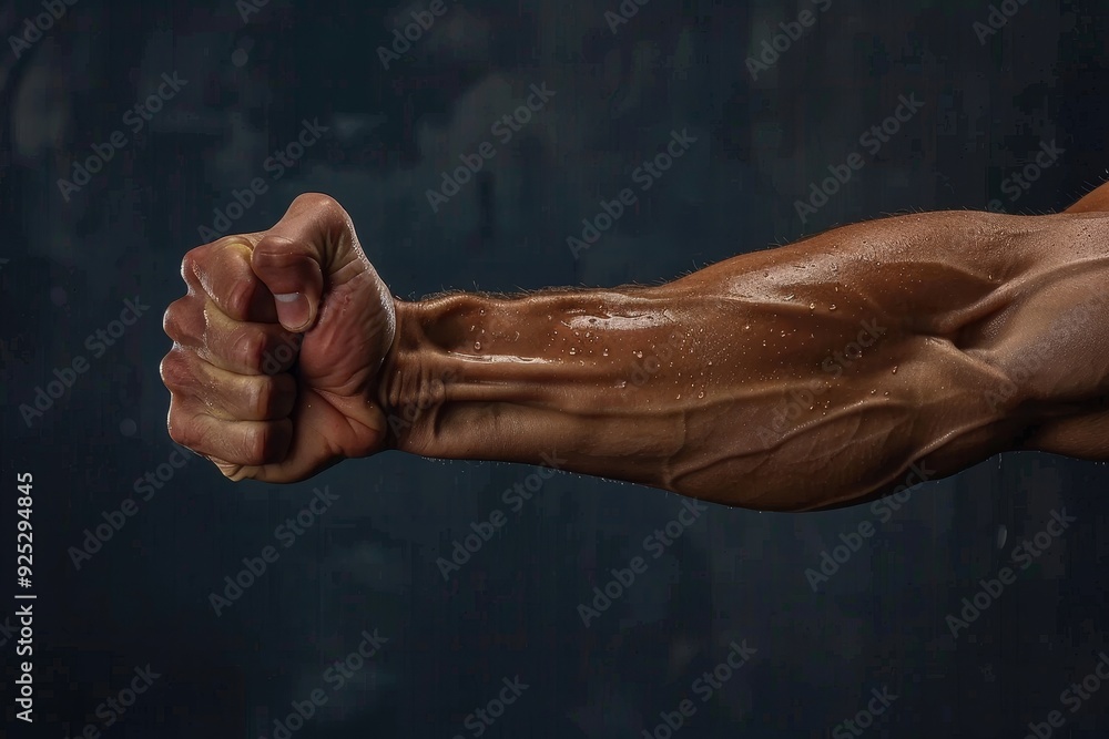A close-up view showcasing the defined muscles in a mans arm, Power and ...