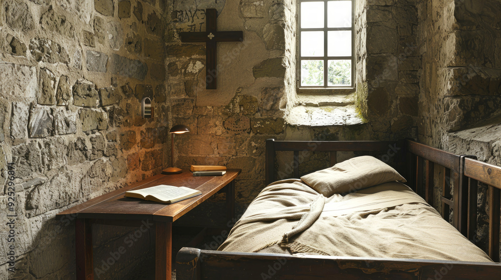 Rustic Monastic Room with Wooden Cross, Single Bed, and Open Bible by ...