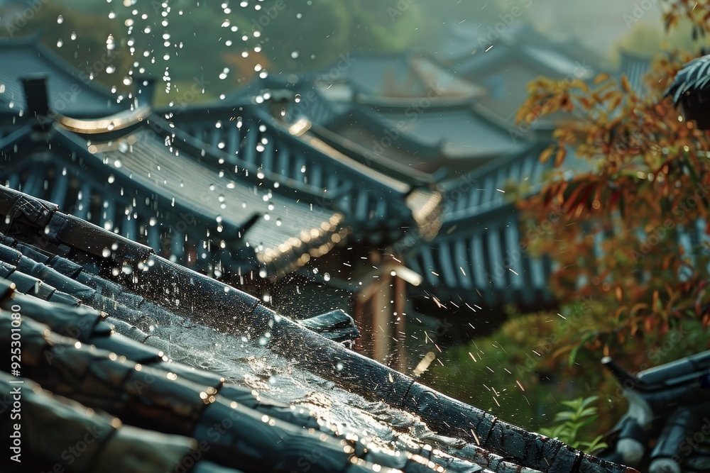 Rainwater cascades down the sloping roof of a building during a ...