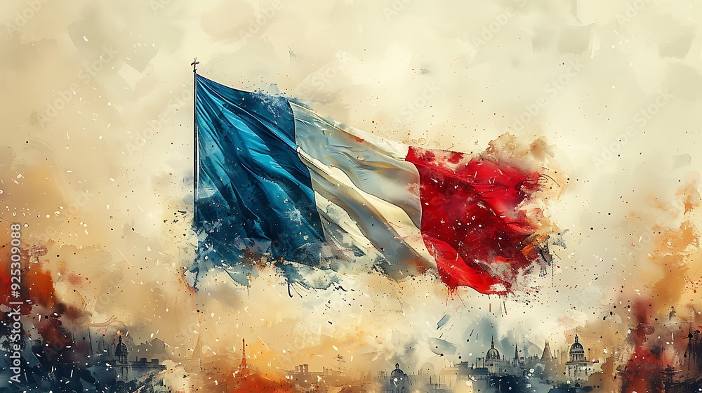 French flag with the tricolor, gently waving in the breeze, watercolor ...