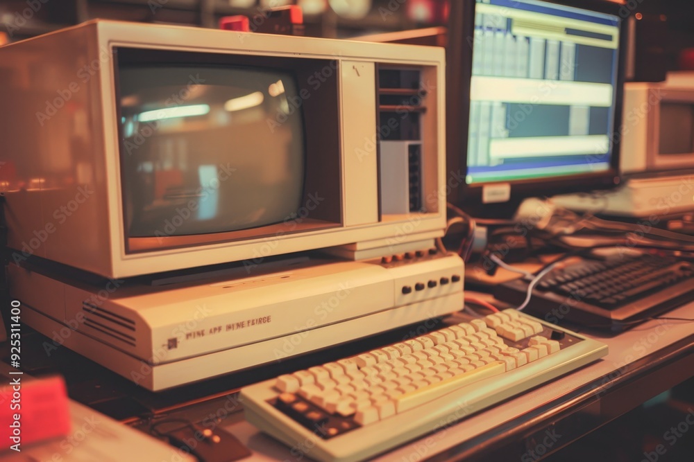 A desk displaying a retro computer system with a monitor, keyboard ...